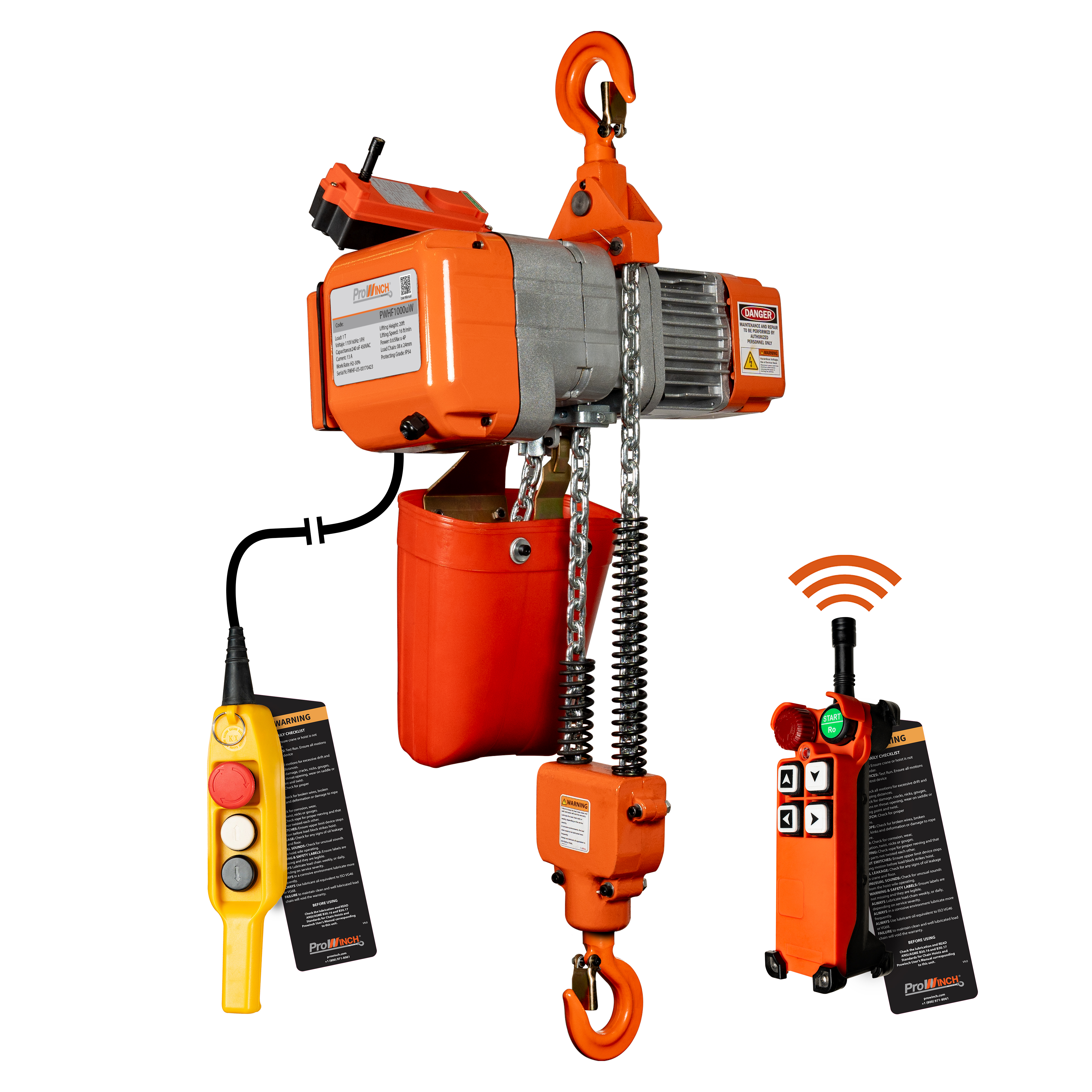 Electric Chain Hoist 2,200 lbs. 20 ft. G80 Chain WIRELESS Stop Aluminum ...
